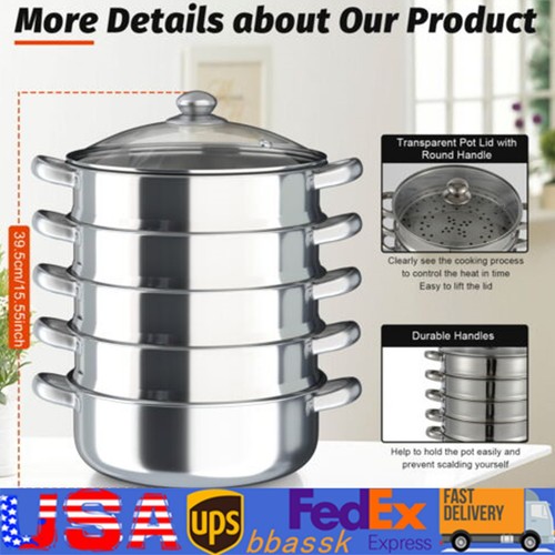 5 Tier Steamer Cooker Steam Pot Food Cooking Hot Pot Stainless Steel ...