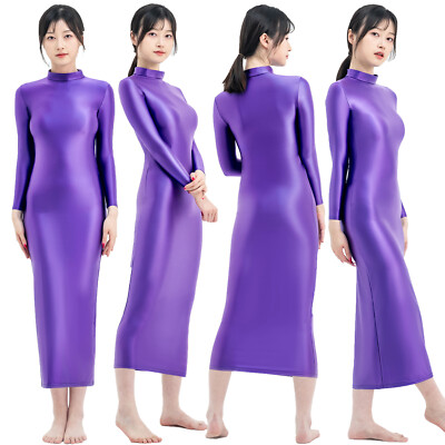 Women's Smooth Oil Silky Dresses Bodycon Long Sleeve Tight Long Skirt ...