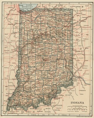 INDIANA Map: Genuine 1907 (dated) Counties, Towns, Topography ...