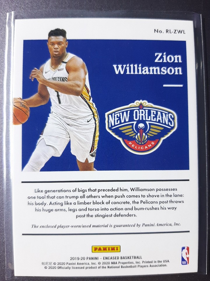 2019-20 Panini Encased Zion Williamson Label Materials Rookie Jersey ...