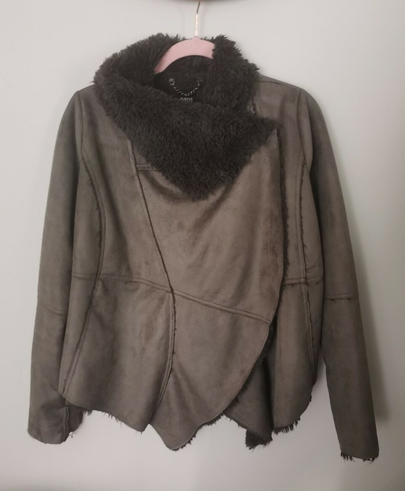 oasis faux shearling drape coat Size Xs 6 8 Brown Grey Jacket RRP £80 ...