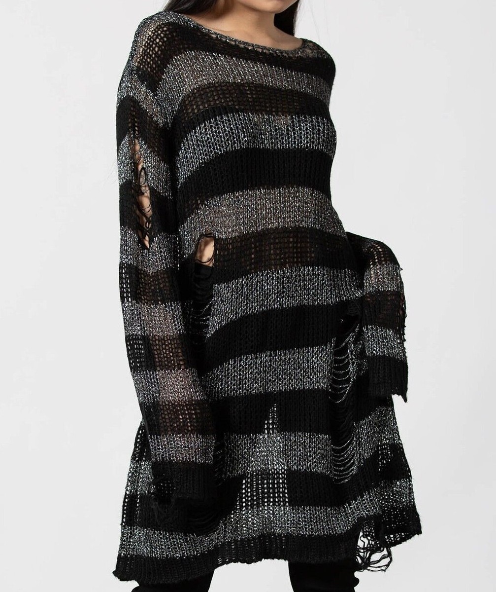 Killstar Abyss Knit Sweater Striped Distressed Gothic Grunge Killstar Abyss Knit Sweater Striped Distressed Gothic Grunge