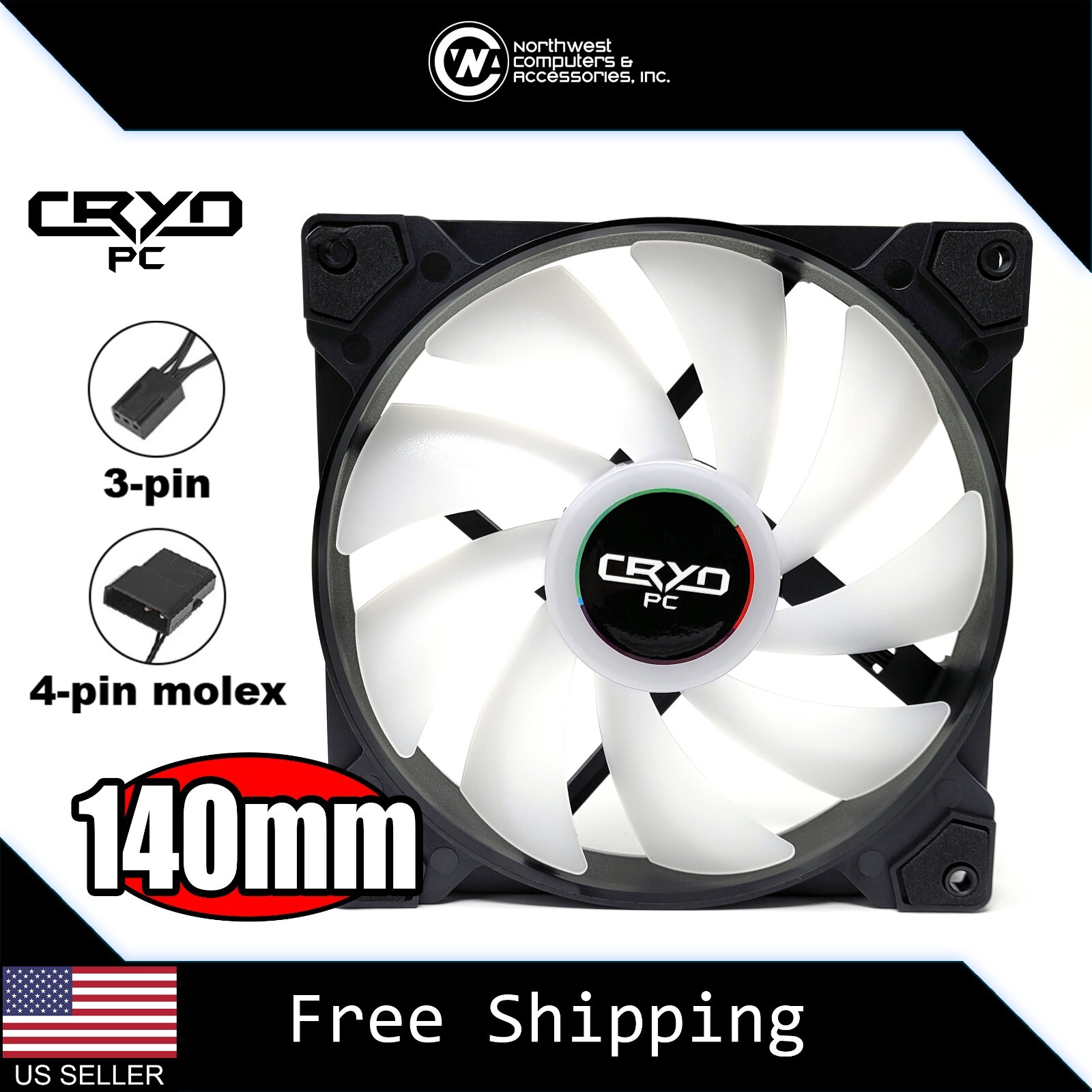 140mm x 25mm PC Cooling Case Fan 3pin + 4pin Molex, Black w/ White ...