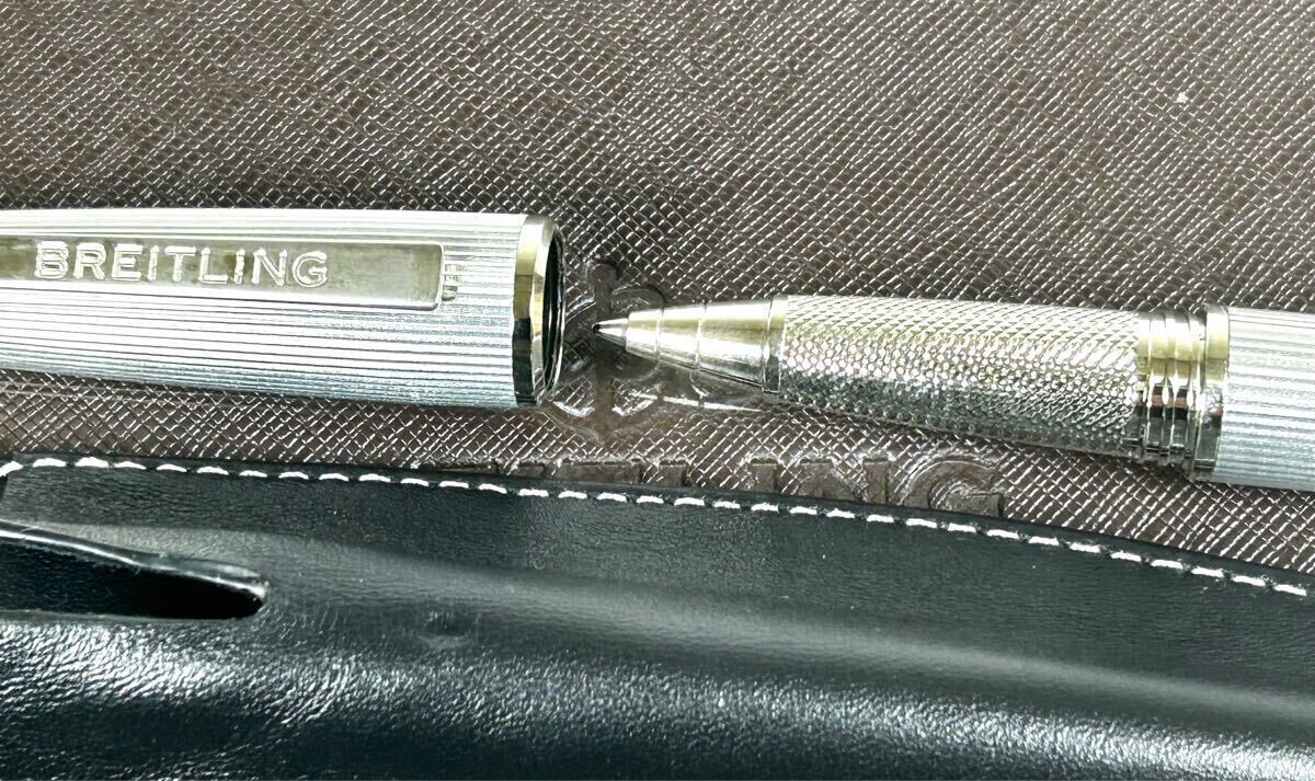 BREITLING Novelty Silver stripe metal Cap type Ballpoint Pen wz/Leather ...