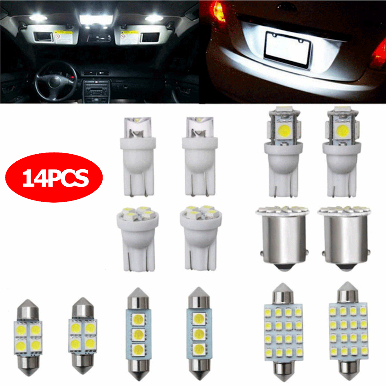 14Pcs T10 36mm LED Lights Interior Car Accessories Kit Map Dome License ...