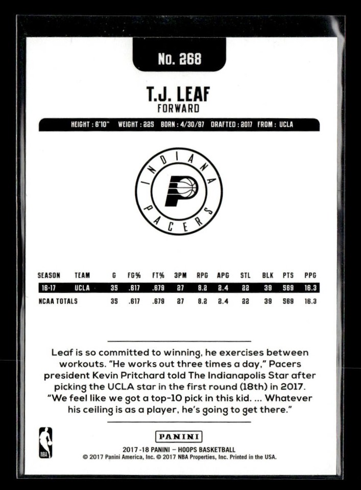 2017-18 Hoops #268 T.J. Leaf Rookie Card Indiana Pacers | eBay