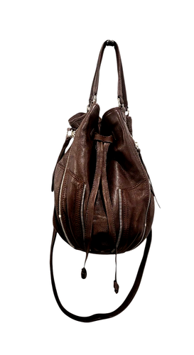 THE SAK Brown Leather KEDZIE Drawstring Zipper Hobo Moto Bucket Handbag ...