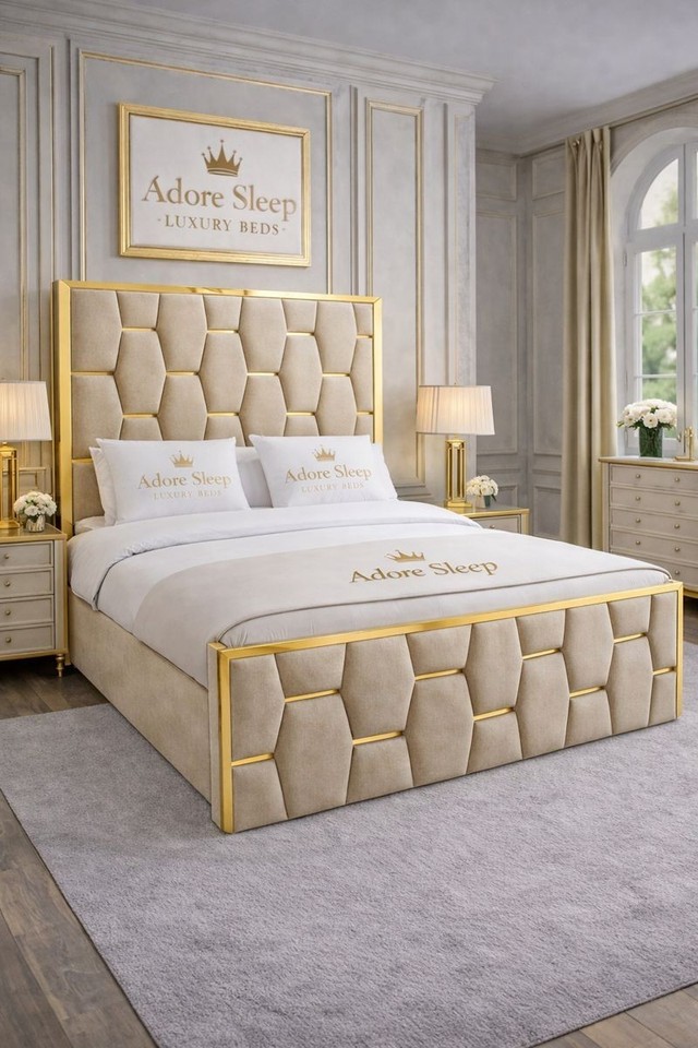 Luxury Hexa Naples Fabric Gold Strip Bed With Without Ottoman Gas Lift ...
