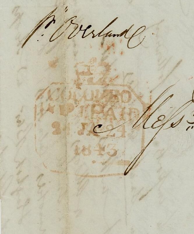 Ceylon STAMPLESS-CROWNED-COLOMBO POST PAID-JA/24/1843-FOLDED LETTER ...