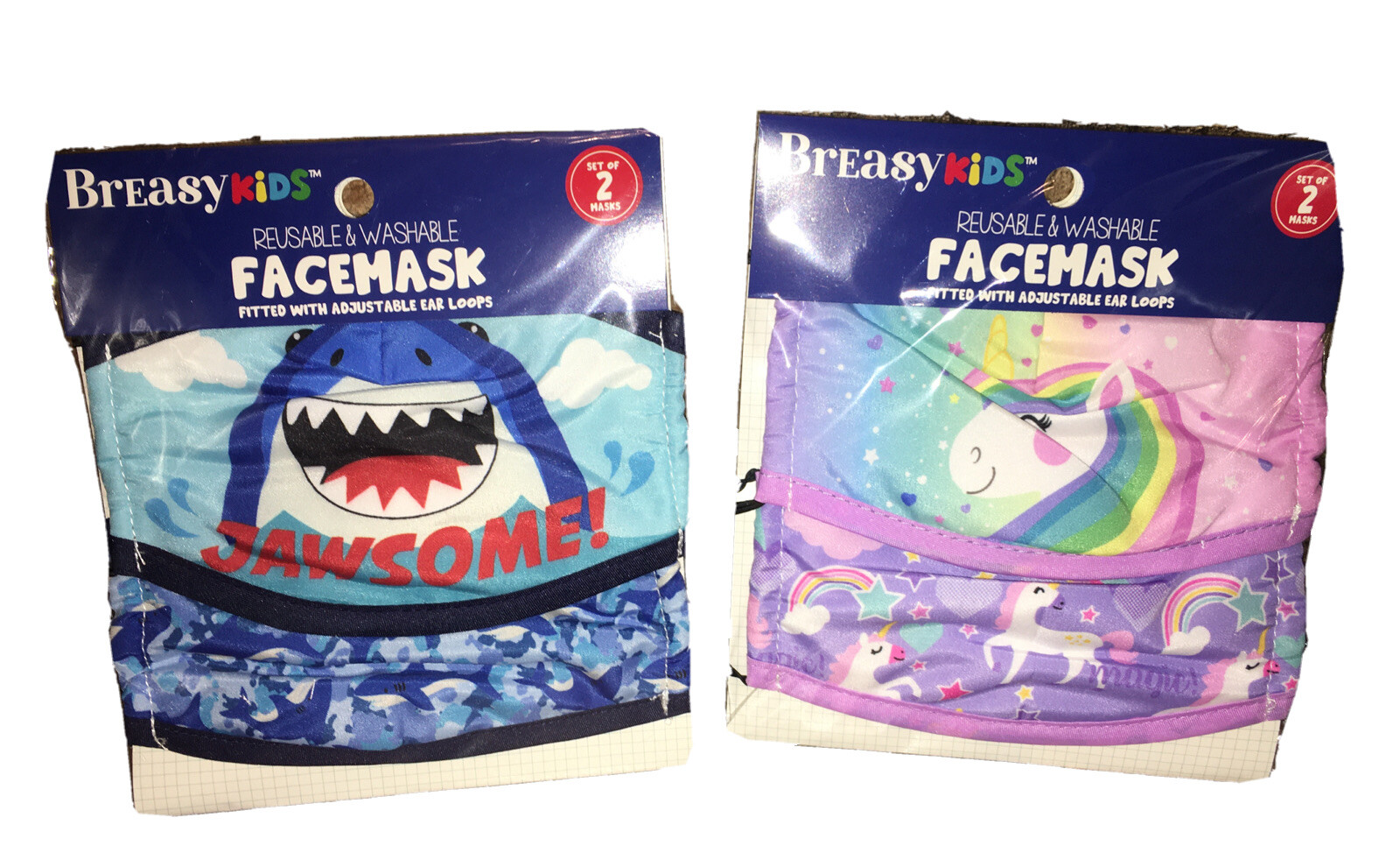 4x Breasy Kids Face Masks ~ Blue Jaws Shark Unicorn Rainbow Purple Girl ...