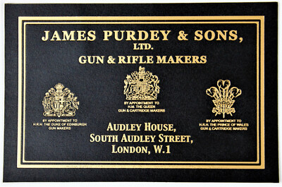 PRESENTATION CUSTOM CASE TRADE LABEL for JAMES PURDEY & SONS SHOTGUN ...