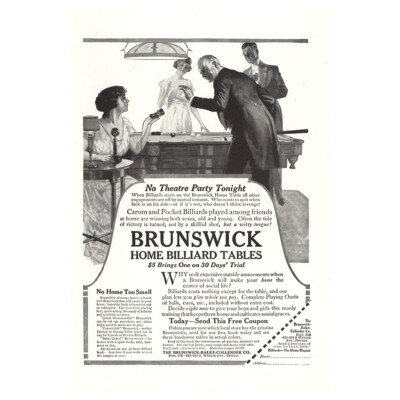 1916 Brunswick Home Billiard Tables: Theatre Party Vintage Print Ad | eBay