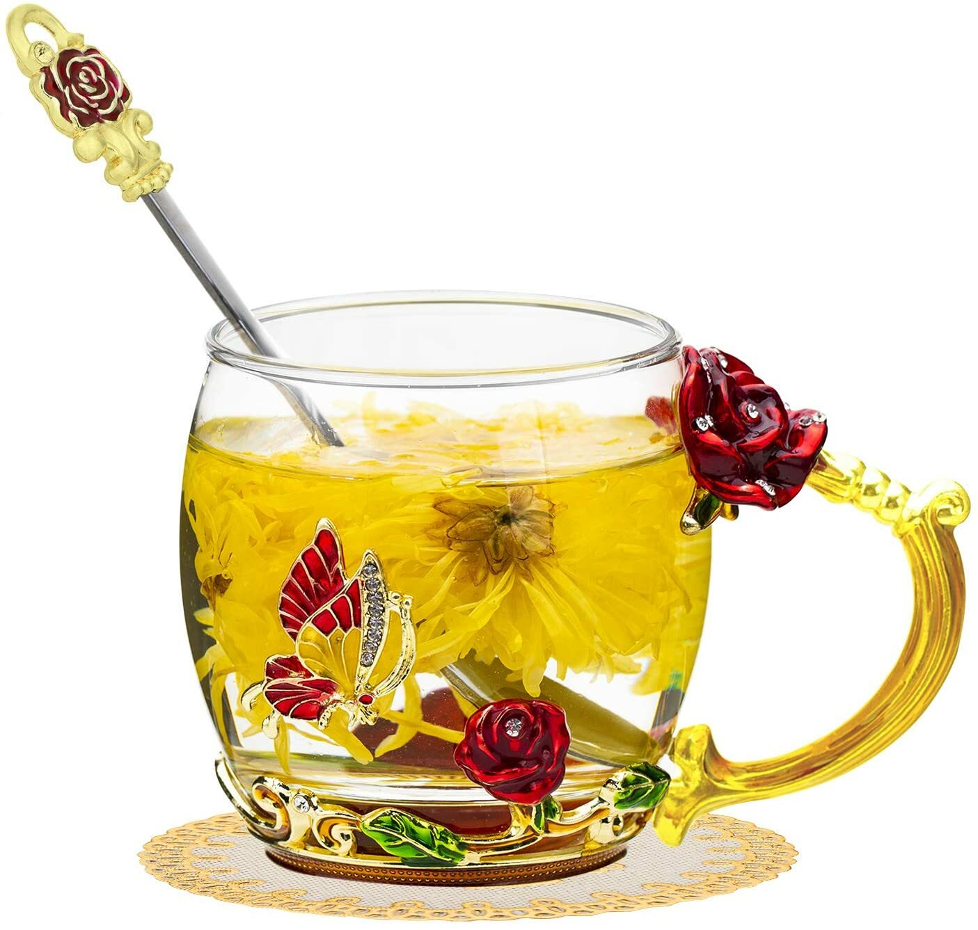 Enamel Water Glass Flower Tea Cup Rose Coffee Mug With Handle And Spoon ...