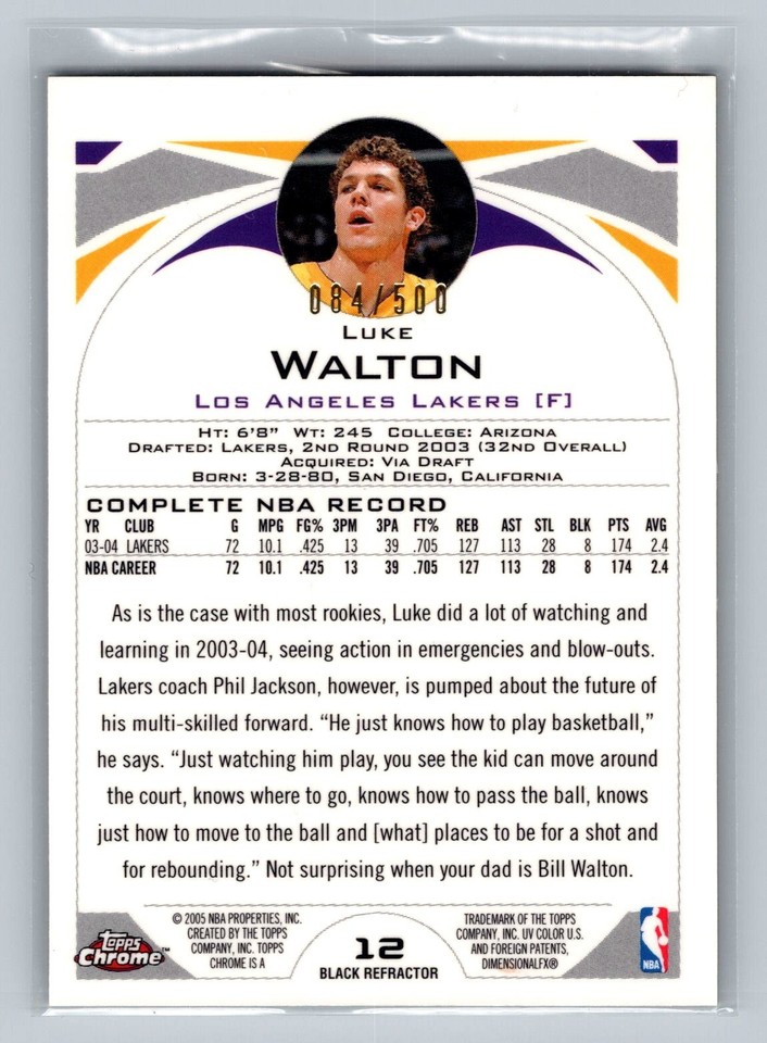 2004-05 Topps Chrome #12 Luke Walton Refractors Black #/500 | eBay