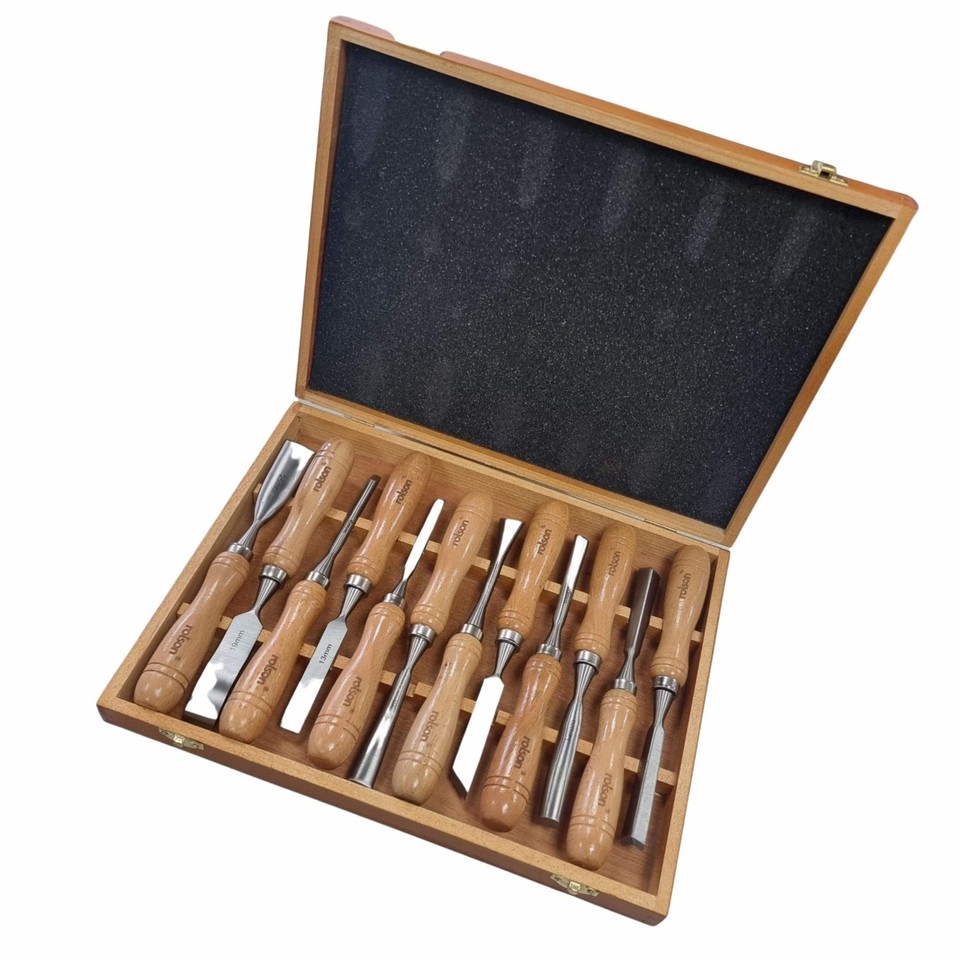 12 Piece Wood Chisel Carving Tool Set in Wooden Box CR-V Steel ...