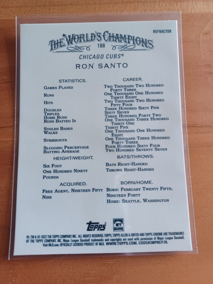 Ron Santo 2022 Topps Chrome Allen&Ginter Refractor SP | eBay