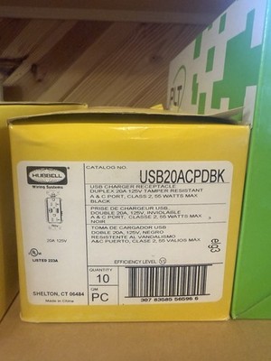 Hubbell Receptacle USB Duplex 20A 125V Tamper Resistant USB20ACPDBK Box ...