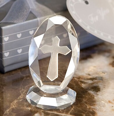 12 x OVAL CRYSTAL CUT GLASS CROSS STAND ORNAMENT- BOMBONIERE FAVOURS ...