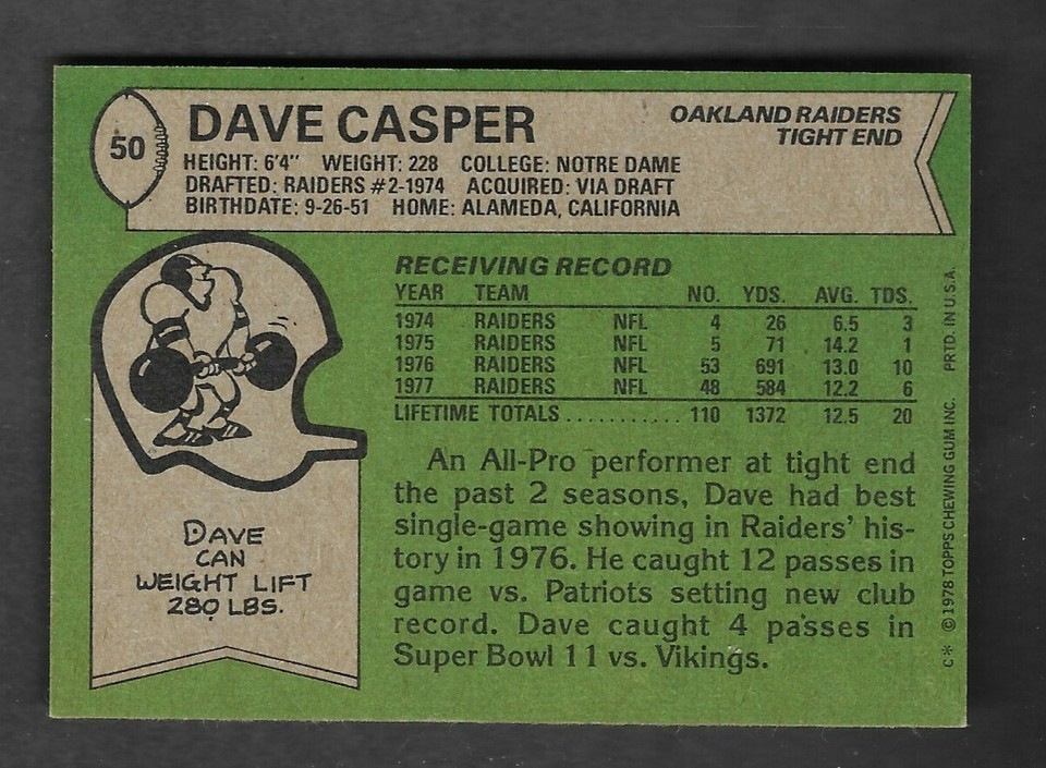 DAVE CASPER 1978 TOPPS ALL PRO !!! CARD #50 NM-M RAIDERS | eBay