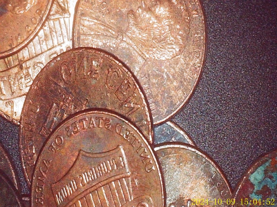 1 pound bag pennies 1960-2025 damaged ,patina, odd, and many more ...