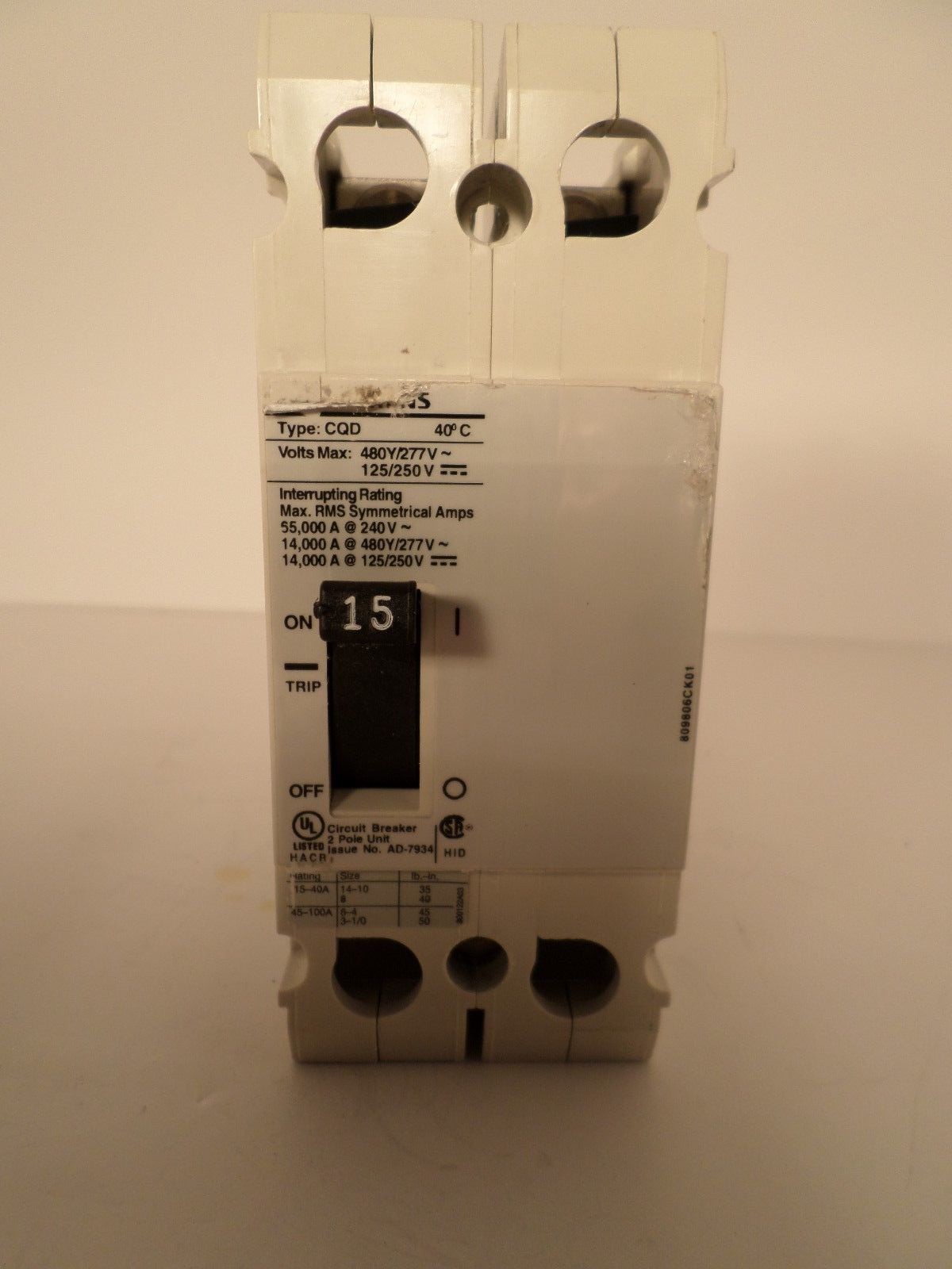 Siemens CQD215 15 Amp, Double Pole 480Y277V AC/125V DC,14KAIC Cable In ...
