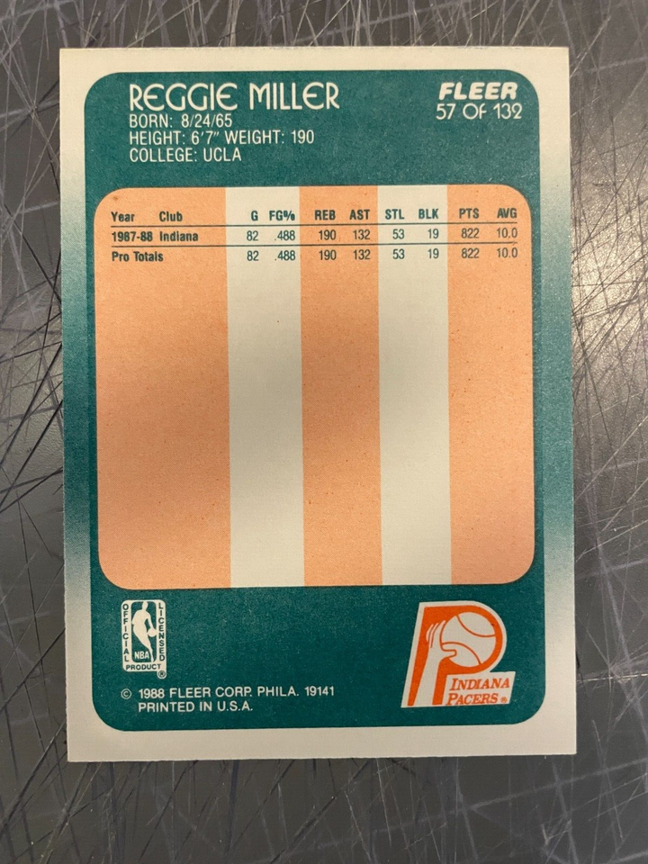 1988-89 FLEER #57 REGGIE MILLER INDIANA PACERS ROOKIE BASKETBALL CARD ...
