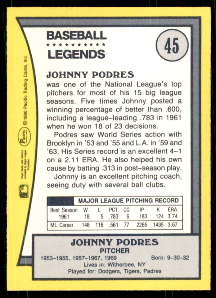 1990 Pacific Johnny Podres Baseball Cards #45 | eBay