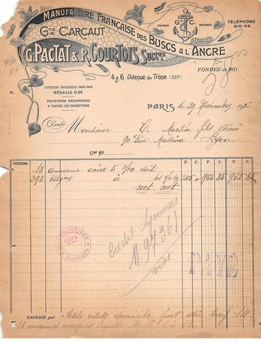 Facture.AM20911.Paris.1916.Gustave Carcaut.g Pactat & R Courtois ...