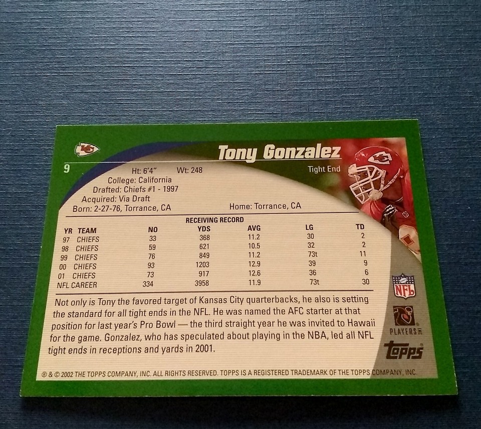 2002 Topps Football Tony Gonzalez #9 HOF Factory Set Break NM-MT | eBay