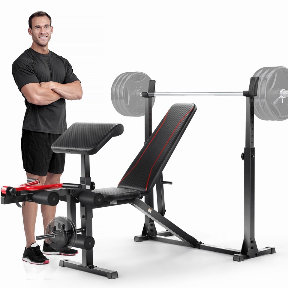 Adjustable Weight Bench 900LBS Olympic Weight Bench Set w/Barbell Rack ...