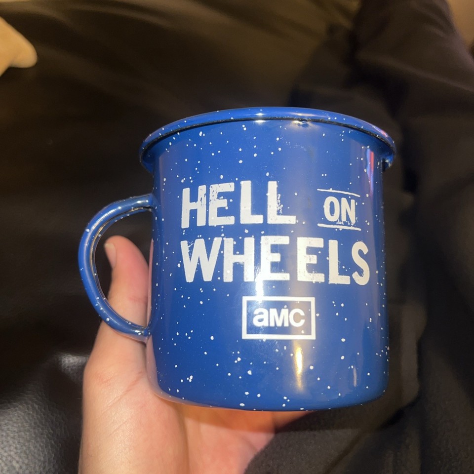 AMC’s Hell on Wheels Coffee Mug Club Cup Blue Speckled Ceramic Etched ...