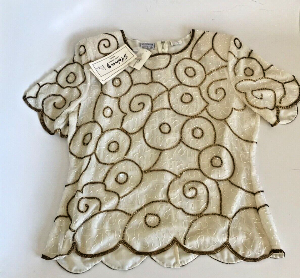 Vintage Heavy Beaded Top White Silk Blouse Top 80s Sequins NEW Stenay L ...