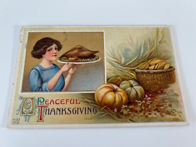 A Peaceful Thanksgiving Lady Holding Turkey Pumpkins Vintage Postcard ...