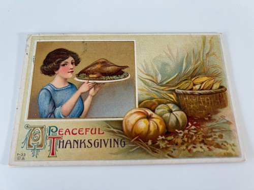 A Peaceful Thanksgiving Lady Holding Turkey Pumpkins Vintage Postcard ...