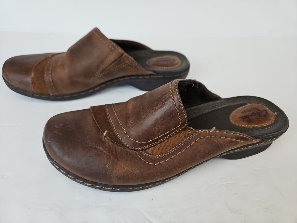 Women's Clarks Artisan Brown Leather Mules Clogs Slip On Shoes Size US ...