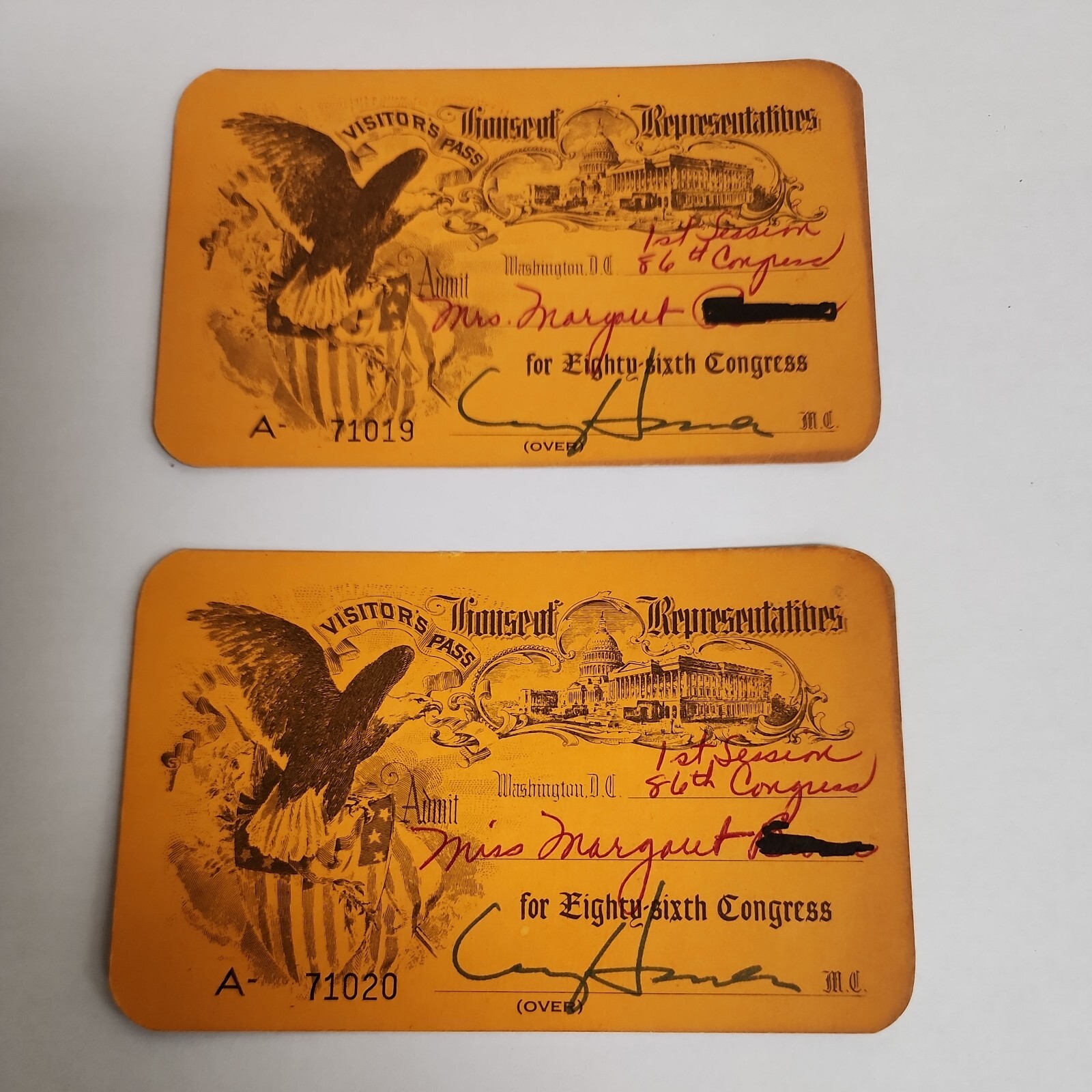 2 House of Representatives Visitor’s Passes 1959 86th Congress Historic ...