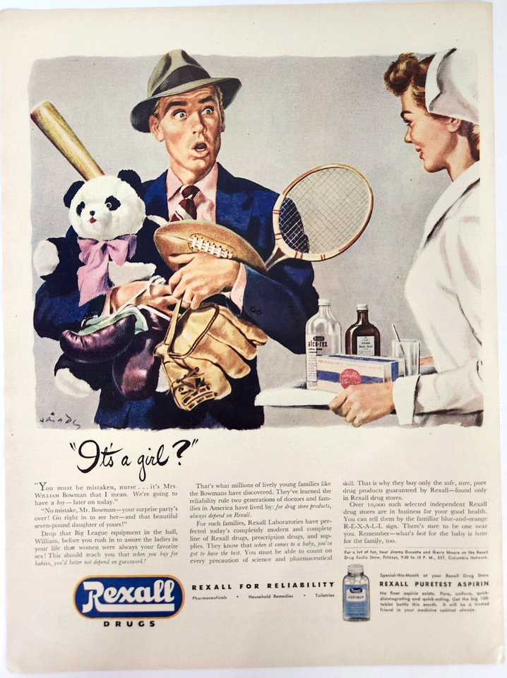 Rexall Drugs Its A Girl Aspirin Vintage 1947 Magazine Print Ad Dad Toys ...
