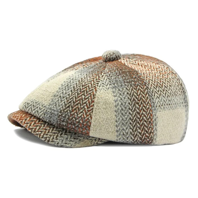 Retro Octagonal Cap Thickened Knitted Newsboy Cap Painter Hat Plaid ...