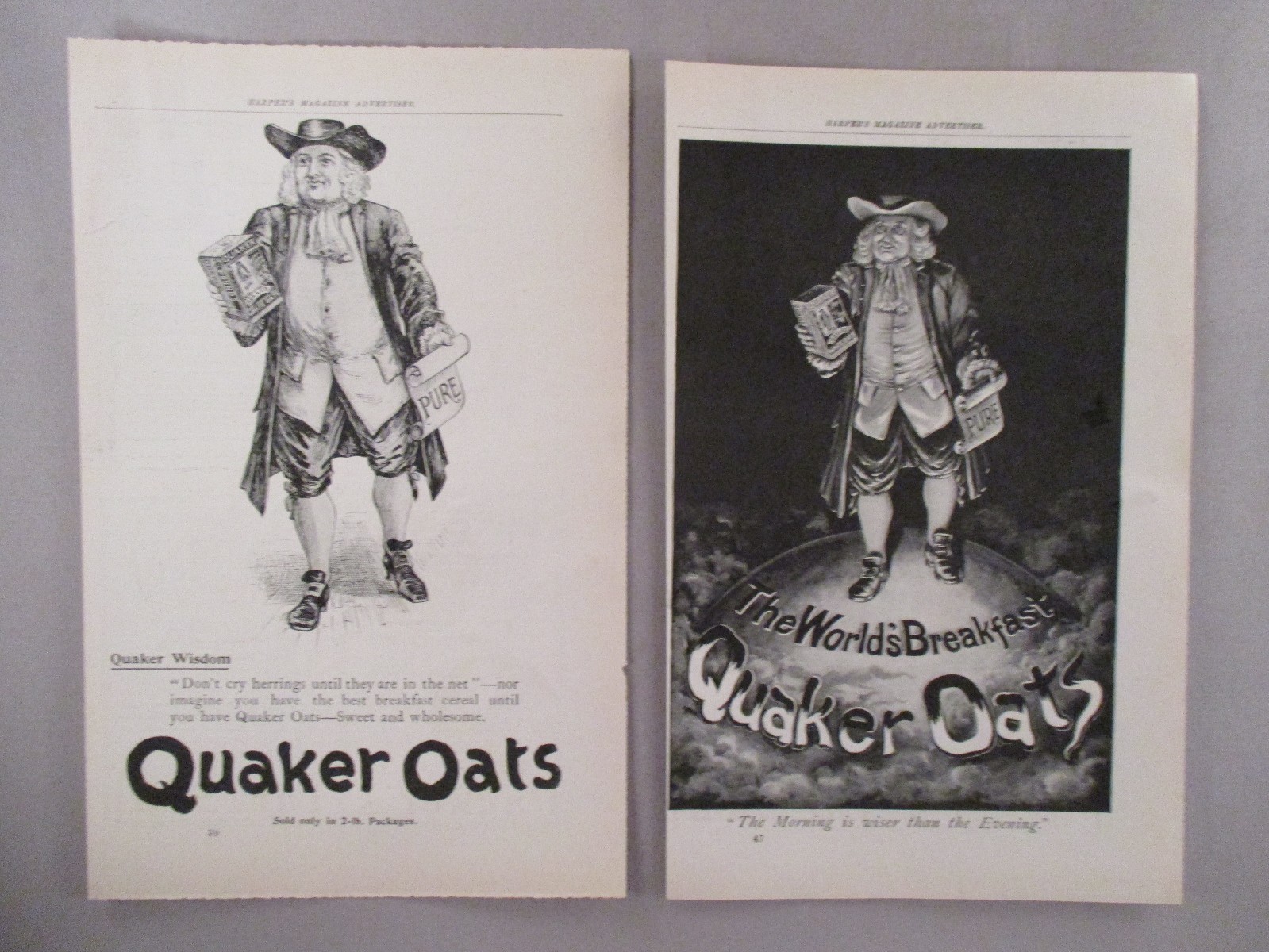 Quaker Oats PRINT AD - 1895 - LOT of 2 Ads ~~ Quaker Man Stands on ...
