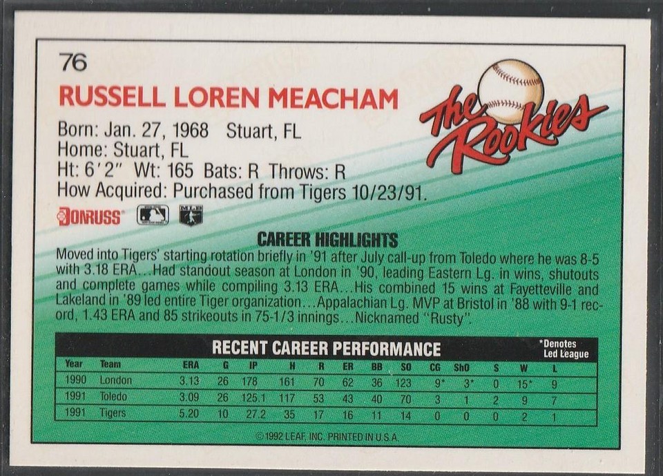 386, Original Autograph, Rusty Meacham (1); Royals, 1992 Donruss ...