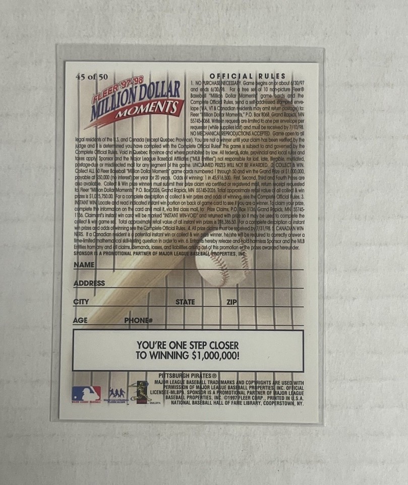 1997 Fleer Million Dollar Moments Willie Stargell #45 Pittsburgh ...