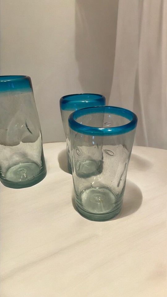 5 Hand Blown Mexican Drinking Glasses Aqua Teal Blue Rim Tumblers #101 ...