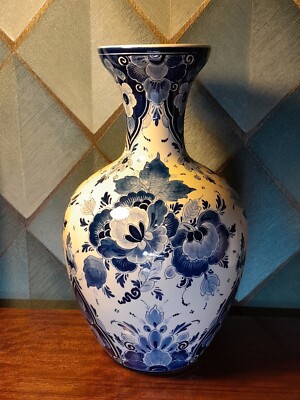 12" Large Vintage Floral Regina Delft Vase Hand Decorated Made In ...