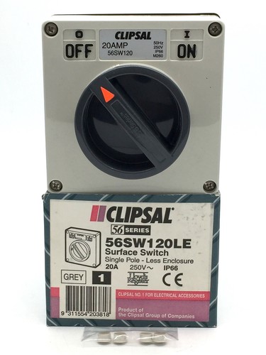 Clipsal 56SW120LE Surface Switch 1 Pole 20A 250V Less Enclosure GREY ...