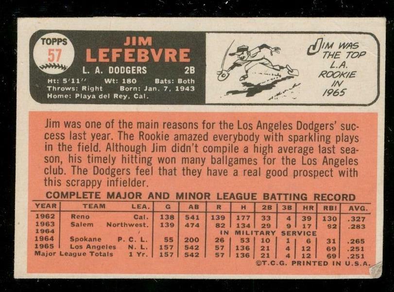 Vintage 1966 Topps BASEBALL Trading Card #57 JIM LEFEBVRE LA Dodgers ...