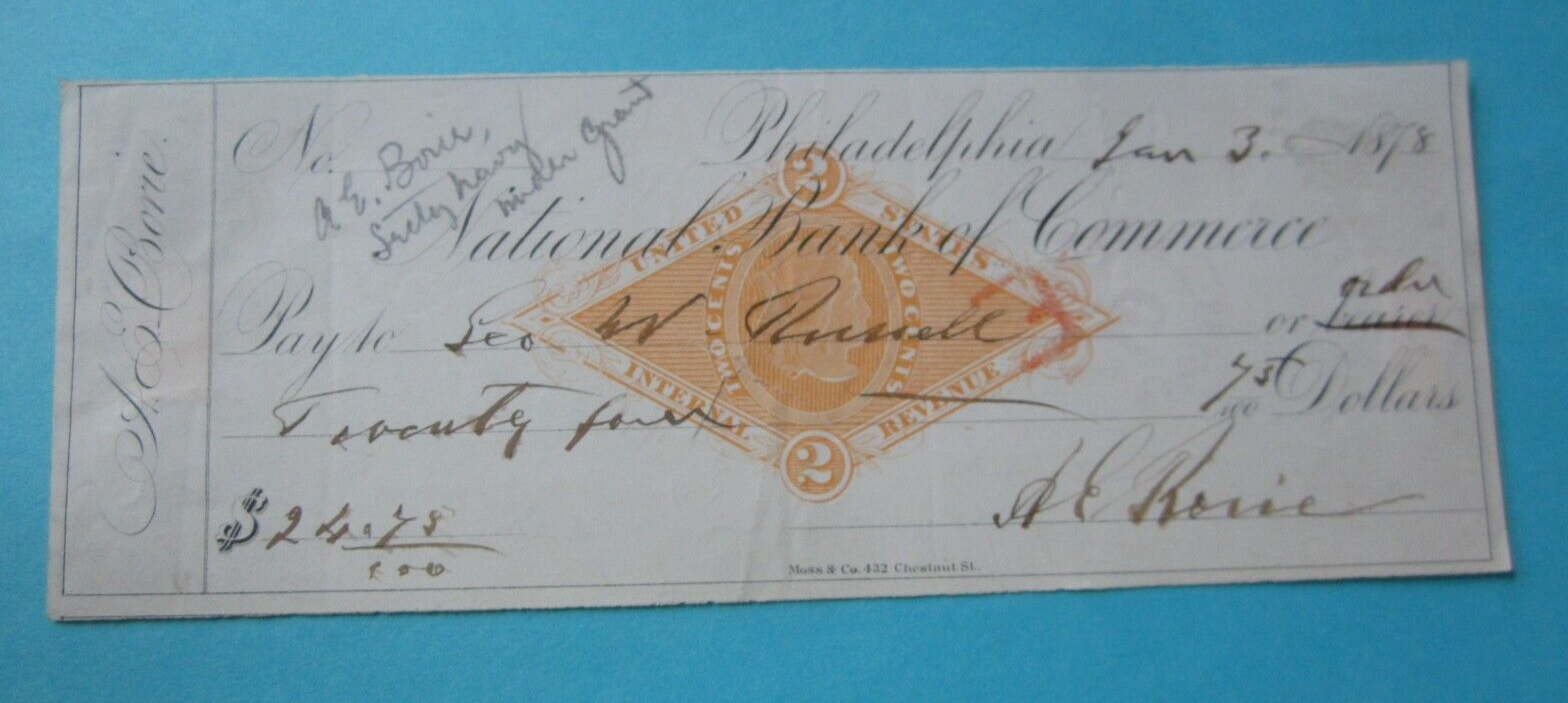 1878 WELLS FARGO & Co. BANK CHECK - Philadelphia PA. Revenue Stamp - A ...