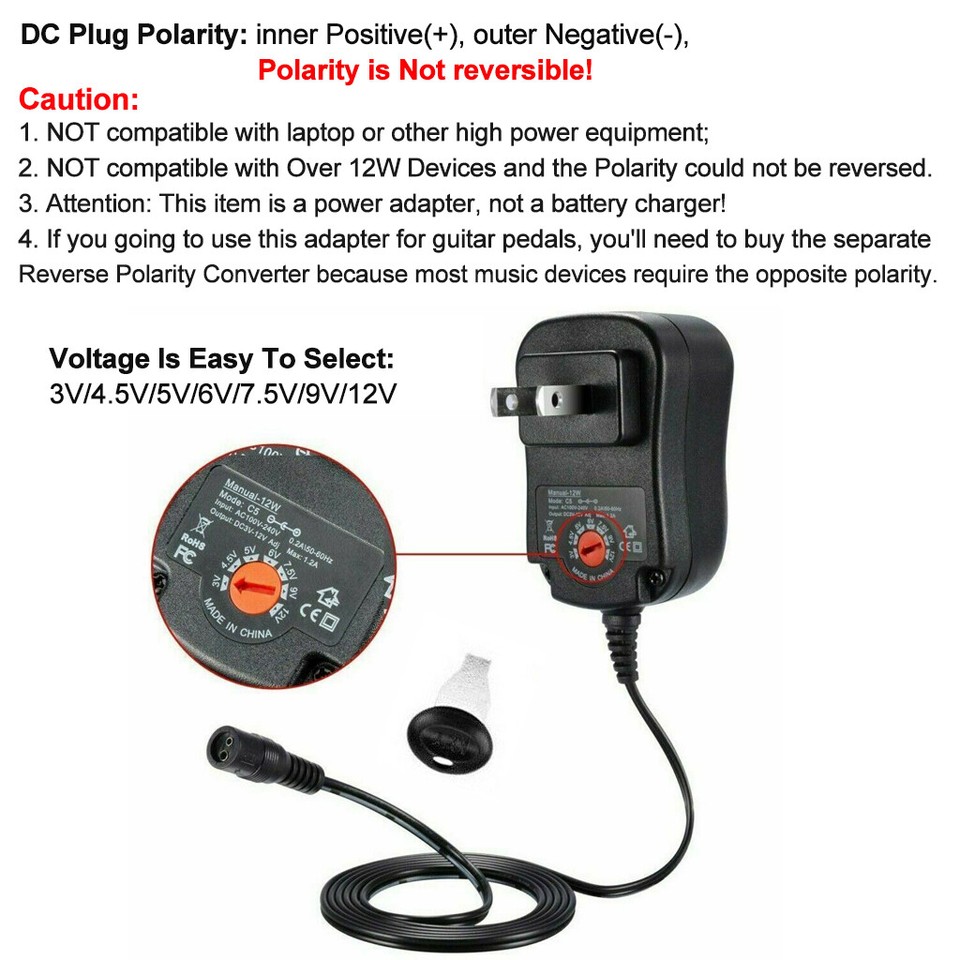 AC/DC Adapter Switching Power Supply w/ 6 Selectable Plugs 3/4.5/5/6/7 ...