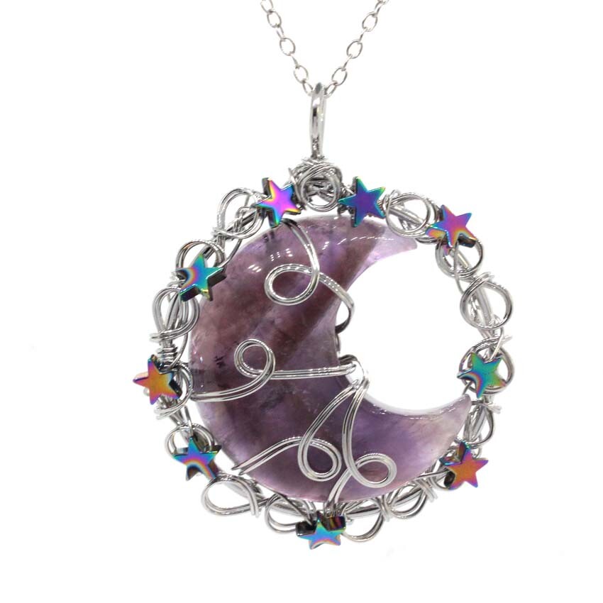 Natural Crystal Moon Star Stone Pendant Wire Wrap Healing Reiki Quartz ...