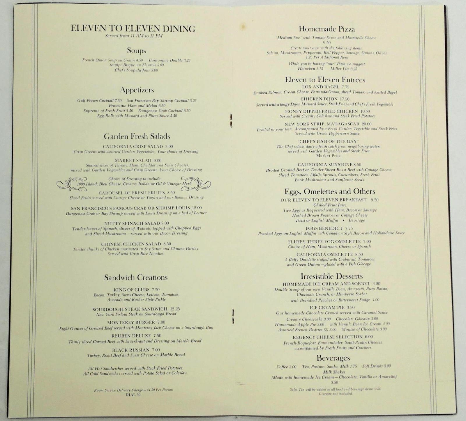 1982 Vintage Original ROOM SERVICE Menu HYATT REGENCY San Francisco Ca ...