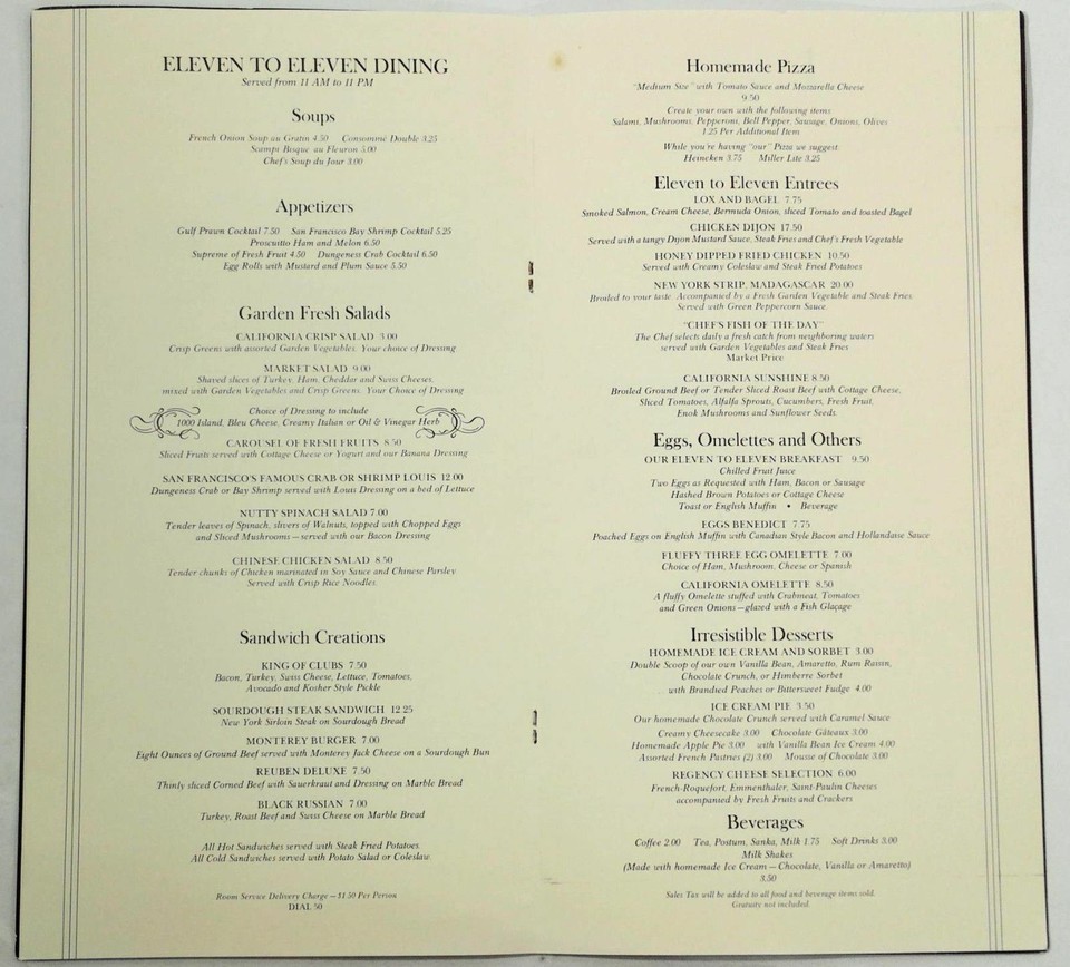 1982 Vintage Original ROOM SERVICE Menu HYATT REGENCY San Francisco Ca ...